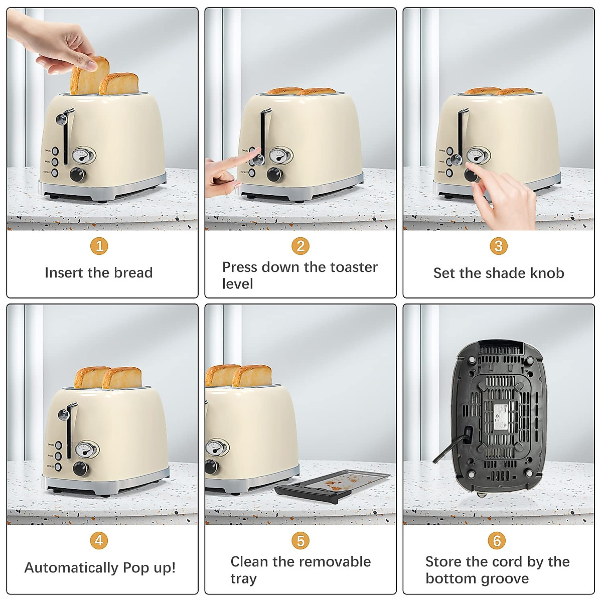 Toaster 2 Slice,1.5"Extra Wide Slots Toaster,Retro Stainless Steel with Bagel, Cancel, Defrost, Reheat Function and 6-Shade Settings, Removal Crumb Tray (Cream)