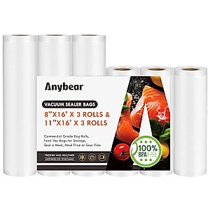 Anybear Vacuum Sealer Bags Rolls, 3 Pack 11''x16' & 3 Pack 8''x16' Commercial Food Storage Bags for Custom Fit with BPA Free and Heavy Duty, Use for Storing Raw and Cooked Foods Meal Prep or Sous Vide