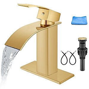 Aolemi Bathroom Faucet Single Handle 1 Hole Deck Mount Lavatory Vanity RV Sink Mixer Basin Tap with Cover Plate and Pop Up Drain Assembly, Brushed Gold, Waterfall Spout
