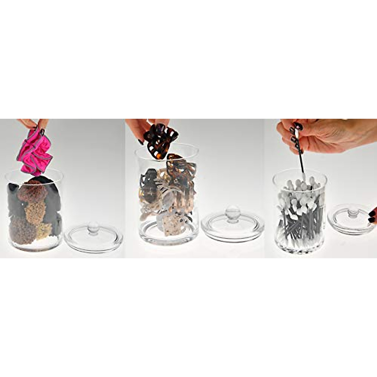 HOME-X Set of 3 Apothecary Jars, Cotton Ball & Swabs Holder, Bathroom Storage, Crystal Clear Acrylic Container with Lid-24 oz.-12 oz.-5 oz