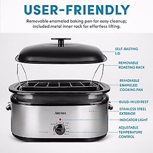 AROMA® 20Qt. Roaster Oven with Self-Basting Lid, Fits 24-lb. Turkey, Adjustable Temperature Settings, Keep Warm Setting, Stainless Steel (ART-720S)
