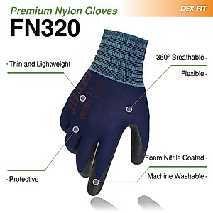 DEX FIT Premium Nylon Work Gloves FN320 - Firm Nitrile Grip, 3D-Comfort Stretchy Fit, Thin & Lightweight, Protective & Durable, Breathable, Machine Washable; Navy 7 (S) 1 Pair