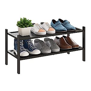 BMOSU 2-Tier Bamboo Shoe Rack Premium Stackable Shoe Shelf Storage Organizer for Hallway Closet Living Room Entryway Organizer(Black)