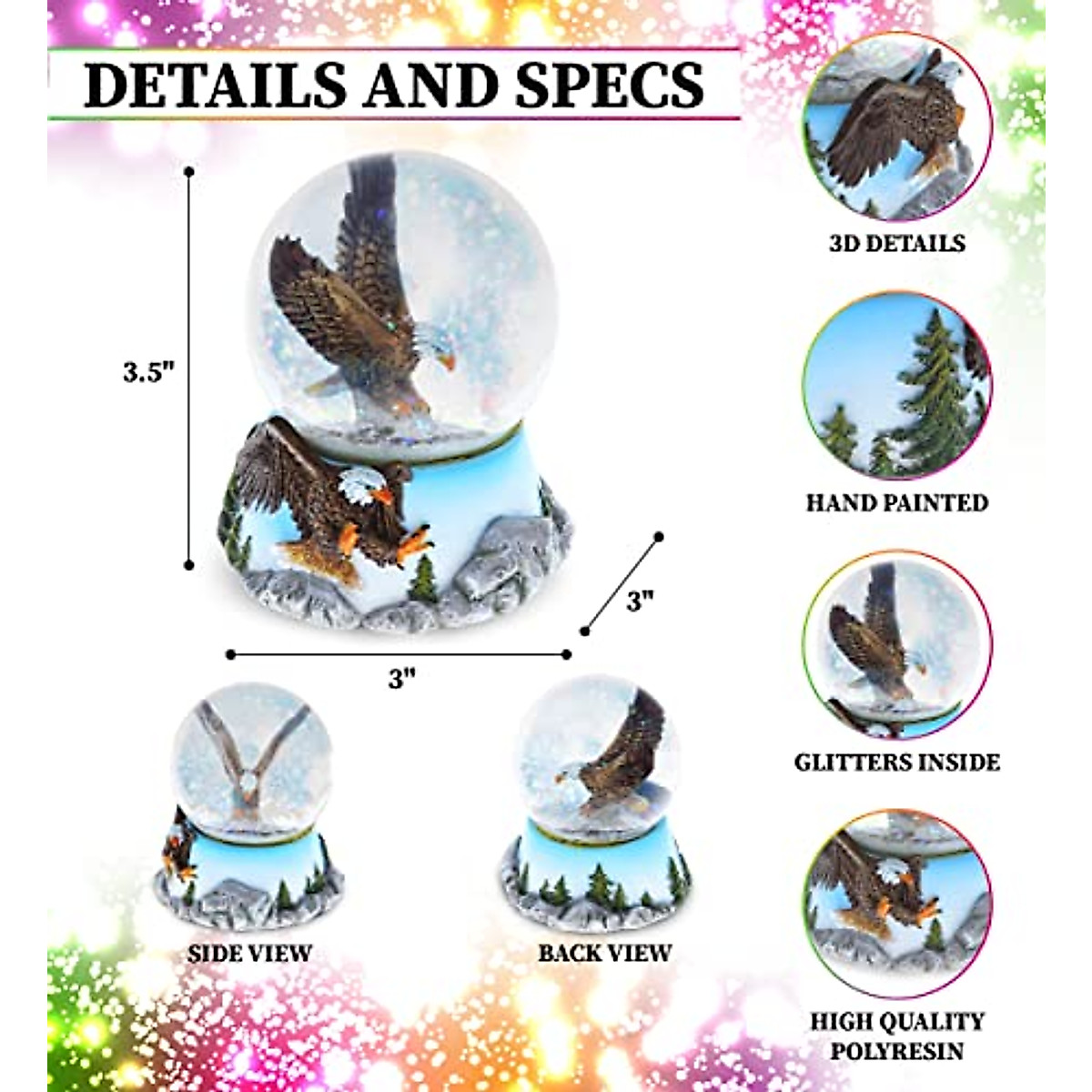 CoTa Global Eagle Snow Globe - Sparkly Water Globe Figurine with Sparkling Glitter, Collectible Novelty Ornament for Home Decor, for Birthdays, Christmas, and Valentine's Day - 65mm