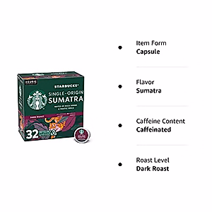 Starbucks K-Cup Coffee Pods, Dark Roast Coffee, Sumatra, 100% Arabica, 1 box (32 pods)