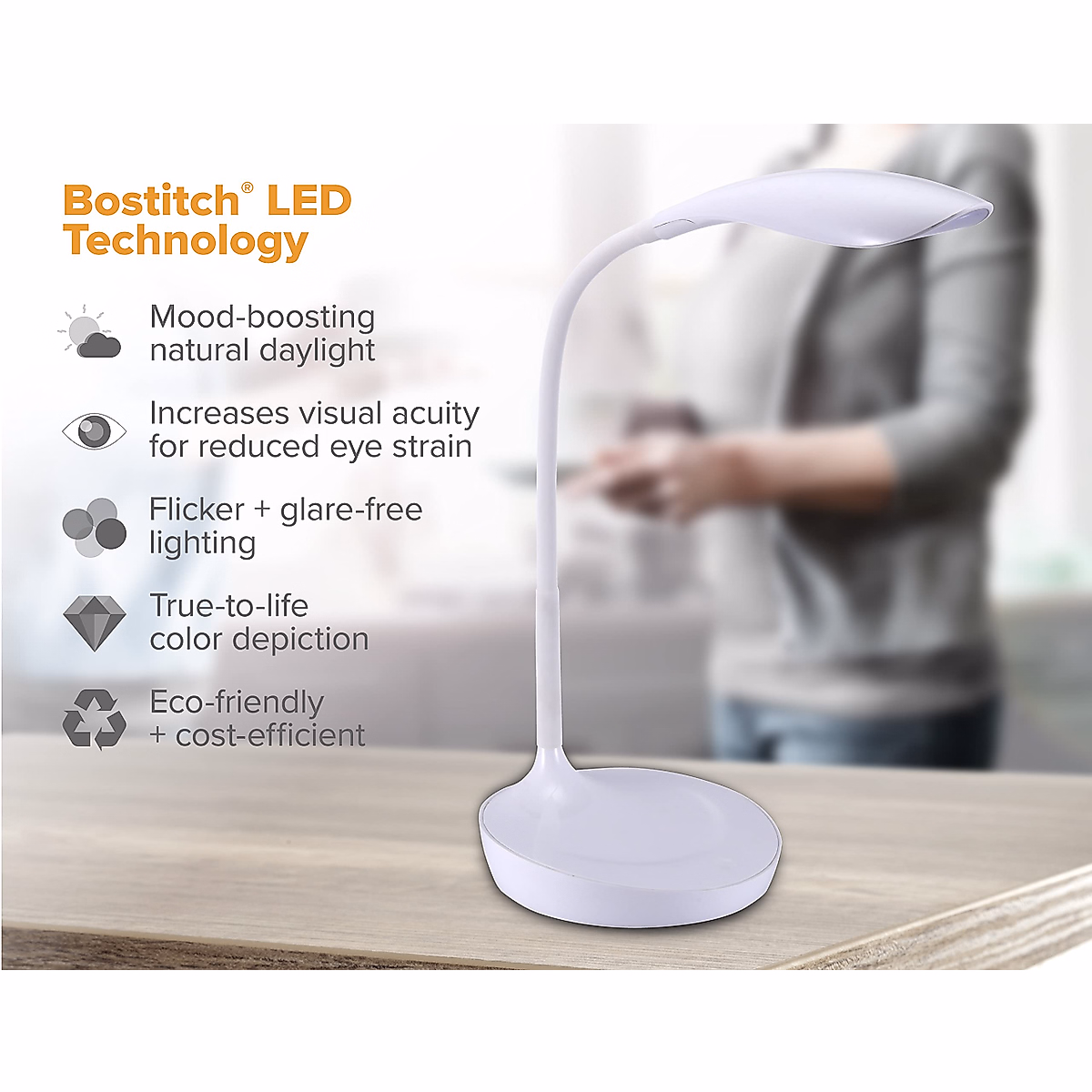 Bostitch Office LED Gooseneck Desk Lamp with USB Charging Port, 3 Dimming Levels, Touch Control, White (VLED1502-WHITE)