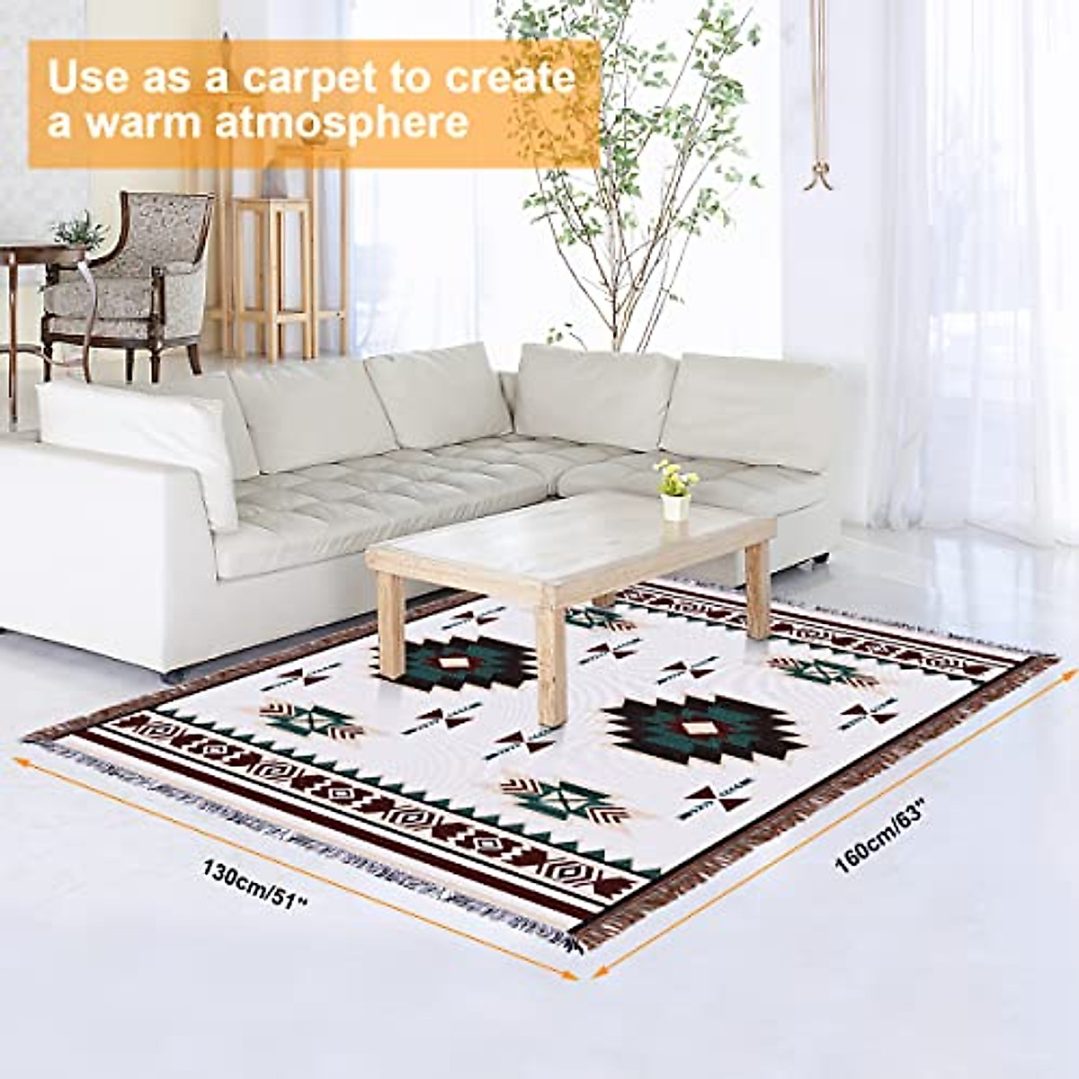 KKUYT Aztec Blanket, Oversized Boho Throw Blanket with Fringe, Southwestern Geometric Tapestry Vintage Woven Throw Blankets, Double-Sided Home Decor for Couch Sofa Chair Bed Travel (51" x 63")