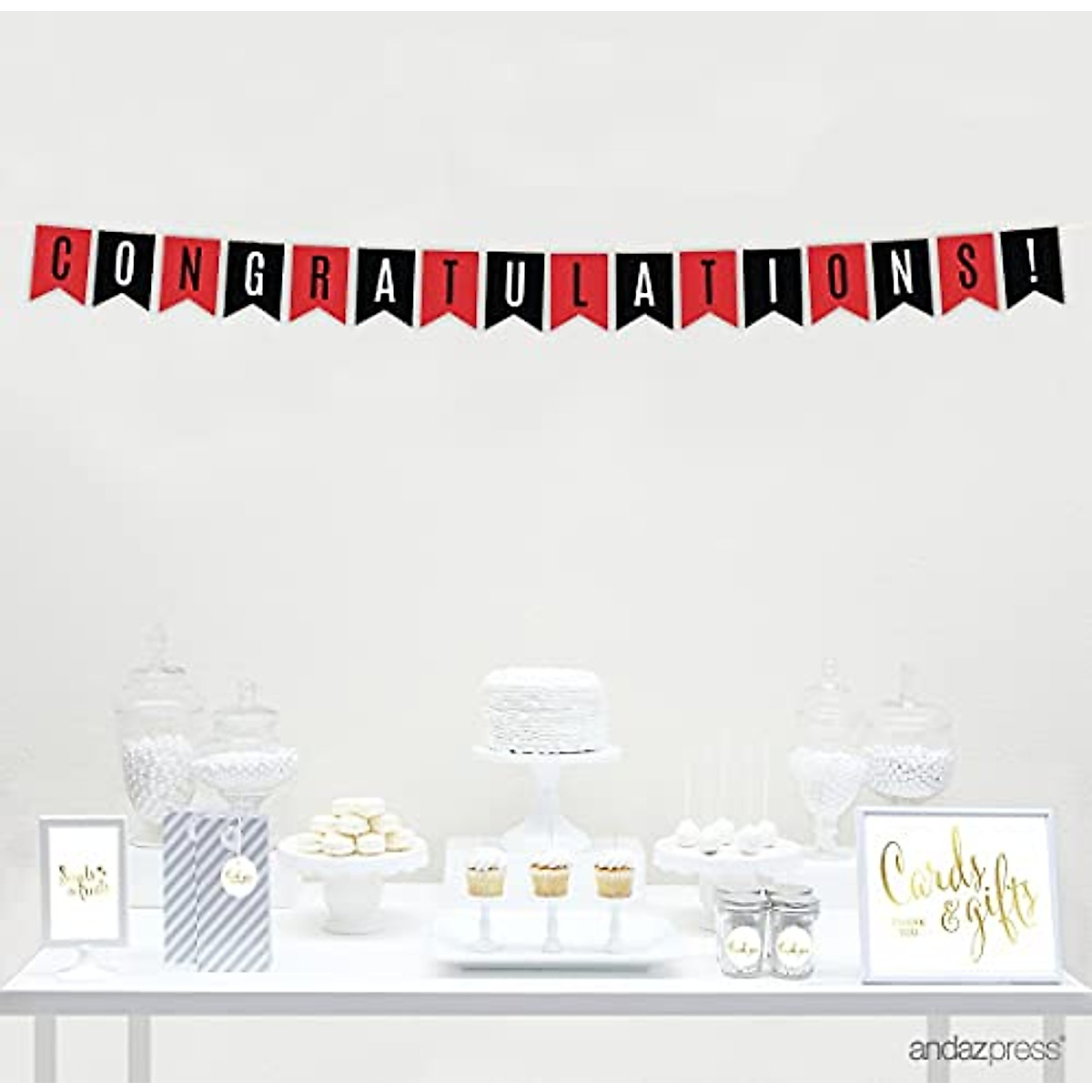 Andaz Press Signature Black, White, Red Party Collection, Hanging Pennant Banner, Congratulations!, Approx. 6-Feet, 1-Set, Bridal Shower Decorations