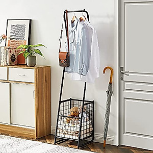 VECELO Metal Coat Rack Stand with Anti-Drop Design, Space Saving Hall Trees with Steel Basket,Small Garment Organizer with 2 Handy Cloth Rails and Slipper Space, Rectangle, Rustic Brown