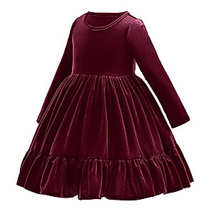 IMEKIS Christmas Dress for Toddler Girls Velvet Dress Baby Winter Pageant Party Gowns Kids Princess Long Sleeve Wedding Evening Gown Xmas Holiday Thanksgiving Birthday Fall Outfit Burgundy 5-6X