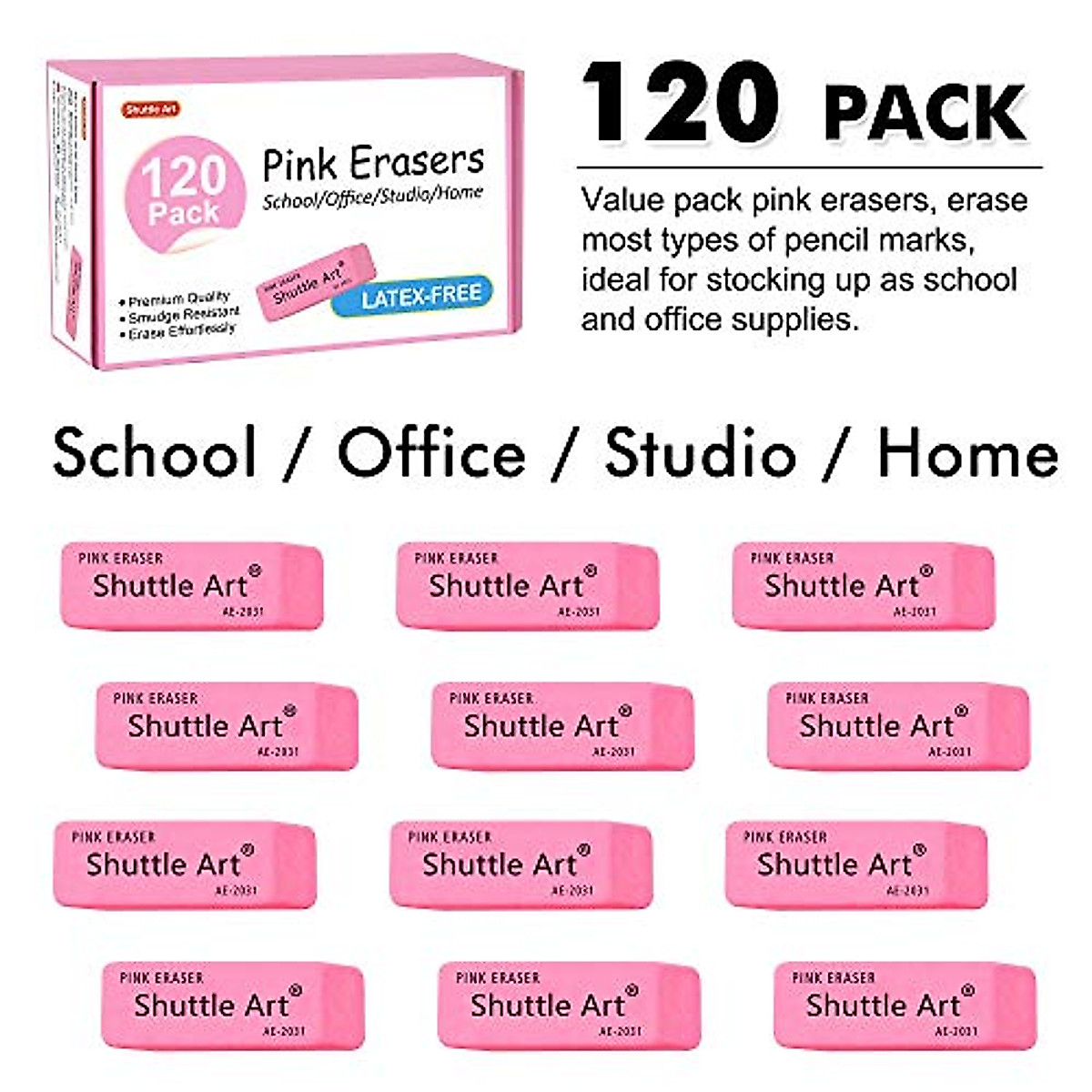 Pink Erasers, Shuttle Art 120 Pack Pink Erasers Bulk for School, Office, Latex-Free Soft Erasers for Kids, Teachers as School Supplies