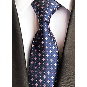 Elfeves Men's Navy Blue Pink Floral Wholesale Groomsman Silk Ties Wedding Casual Necktie