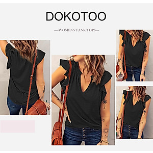 Dokotoo Ruffle Sleeve Tops for Women Summer Fashion Sexy V Neck Sleeveless Tank T-Shirt 2024 Ladies Casual Solid Color Ruffled Cap Sleeves Tunic Tee Shirts (Black, Large)