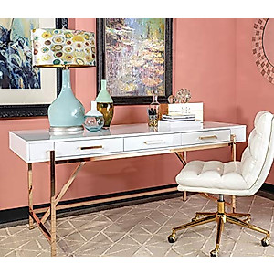 OSP Home Furnishings Broadway Modern Executive Desk with 3 Drawers and Charging Station, White Gloss Finish and Gold Frame