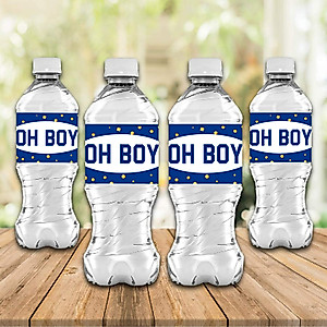 Halawawa 32 Stickers - Blue Oh Boy Sign Happy Birthday Water Bottle Labels, Wine or Bottle Stickers, Baby Shower Gender Reveal Pregnancy Announcement Party Decoration Supplies