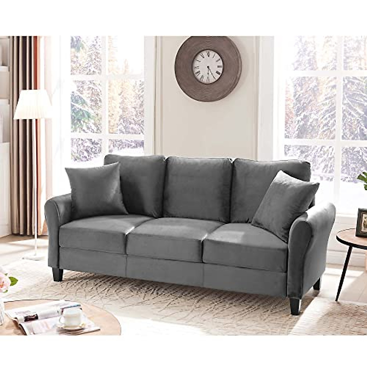Homtique 3 Seater Couch for Living Room,78 Inches Width Modern Velvet Sofa Comfy Upholstered Couches with 2 Pillows for Office Apartment Bedroom Small Space (Grey)