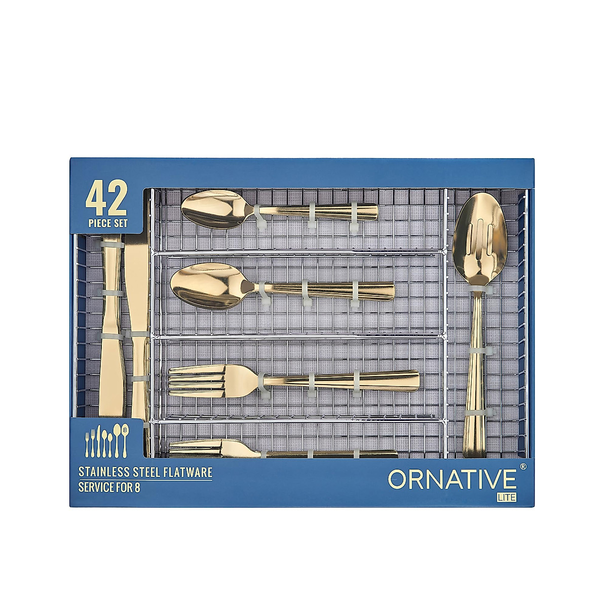 ORNATIVE - Alicja Silverware Set W/BUF with Drawer Organizer & Service for 8, Set Includes Knives, Forks & Spoons for Home, Kitchen & Restaurant, 18/0 Stainless Steel & Dishwasher Safe - 42 Pcs, Gold