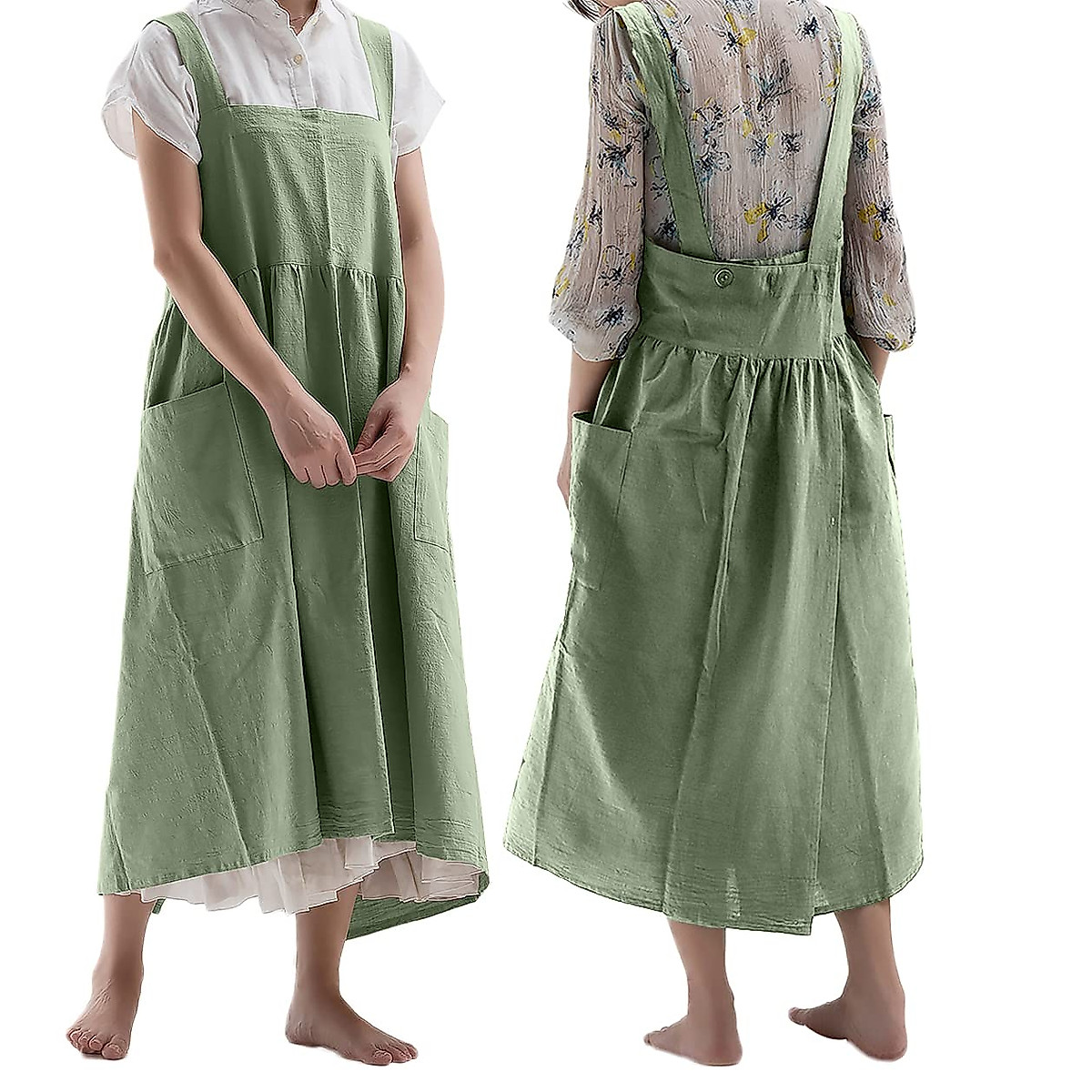 losofar Cotton Linen Square Dress Overalls Kitchen Gardening Solid Color Apron Flower Shop Smock (Green, 92cmx110cm)