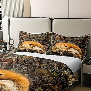 Fox 100% Cotton Duvet Cover Twin,Tree Branch Camo Bedding Set Jungle Wild Animal Woodland Hunting Comforter Cover for Boys Teen Men Rustic Farmhouse Bed Set Autumn Nature Camouflage Quilt Cover