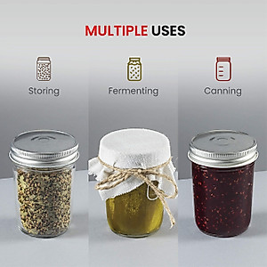 Glass Regular Mouth Mason Jars, (12 Pack) Glass Jars with Silver Metal Airtight 1 Piece Lids for Meal Prep, Food Storage, Canning, Drinking, Overnight Oats, Jelly, Dry Food, Salads, Yogurt (8 Ounce)