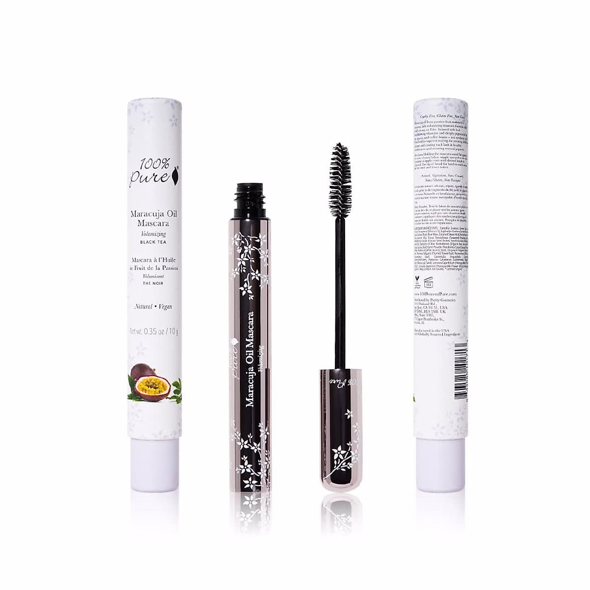 100% PURE Maracuja Oil Mascara Dramatic Intense Volume & Length Natural Fruit Pigmented Voluminous Eyelash Makeup No Clumping, Smudging or Flaking - Vegan, Black Tea Color - 0.35 oz