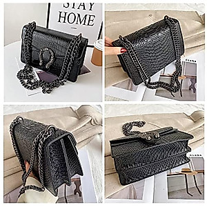 Chain Crossbody Shoulder Bags For Women-Snake Printed Leather Messenger Bag Evening Handbag Chain Strap Shoulder Satchel (Black)