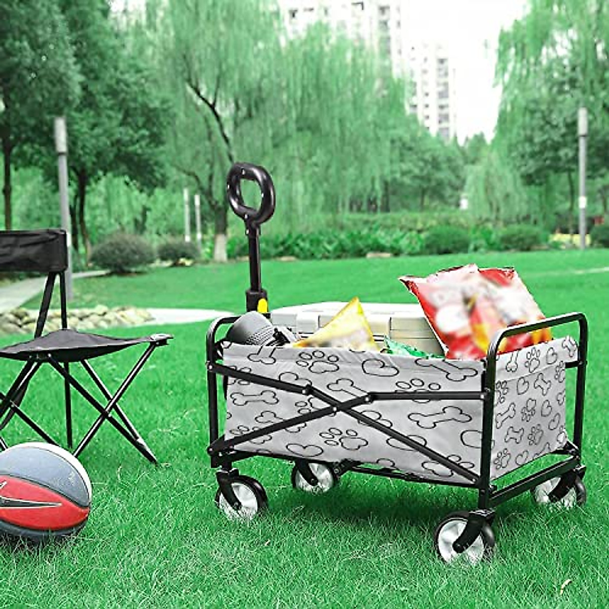Collapsible Wagon Cart Pet Dog Footprints Heart and Bone Black Outline on a White Seamless Foldable Utility Wagon Large Capacity Garden Cart with Push Bar for Beach Camp Outdoor Shopping