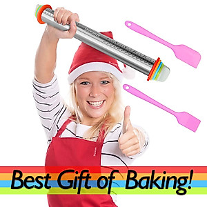 Shacoryze Rolling Pin with 4 Thickness Rings, Adjustable French Dough Roller Stainless Steel Nonstick Pastry Mat Spatula Brush Set for Baking Fondant, Pizza, Tortilla, Pasta, Pie, Pastries, Cookies