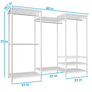 Ulif E13 Heavy Duty Clothes Rack（With 4 Hanger Rods & 8 Shelves） Freestanding Clothing Racks for Hanging Clothes，Adjustable Closet Organizer，Metal Garment Rack 63" W x16 D x77 H，Max Load 900LBS，White