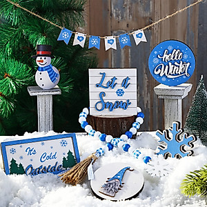 Honoson 13 Pcs Christmas Winter Tiered Tray Decor Snowman Snowflakes Gnome Winter Wooden Sign Set Christmas Tiered Tray Snowflake Sign Winter Tabletop Decor Let It Snow for Holiday Christmas Decor