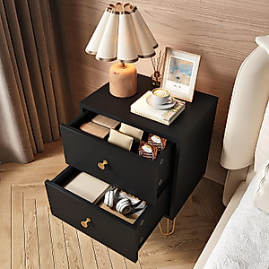 Tradare Black Nightstand Set of 2, Black and Gold Night Stand with 2 Drawers, Modern End Table with Metal Legs and Gold Handles, Bedside Table for Bedroom, Hallway