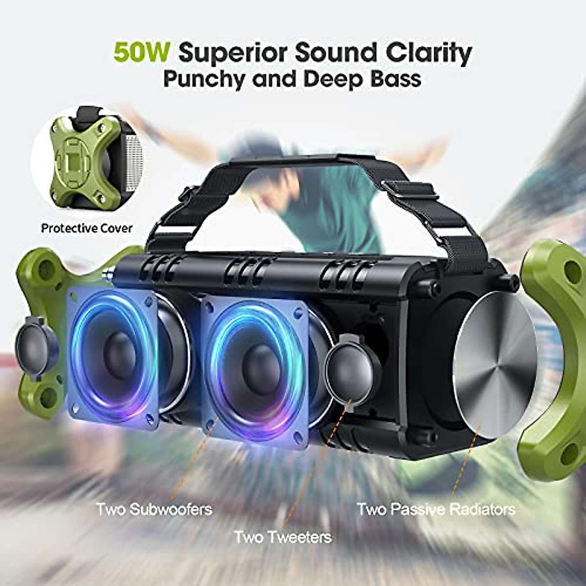 W-KING Bluetooth Speakers, 50W Deep Bass Portable Loud Bluetooth Speaker, IPX6 Waterproof Outdoor Speaker with HD Stereo Sound/Wireless Two Pairing/2-Equalizer/Power Bank/40H Playtime/TF Card/AUX/NFC