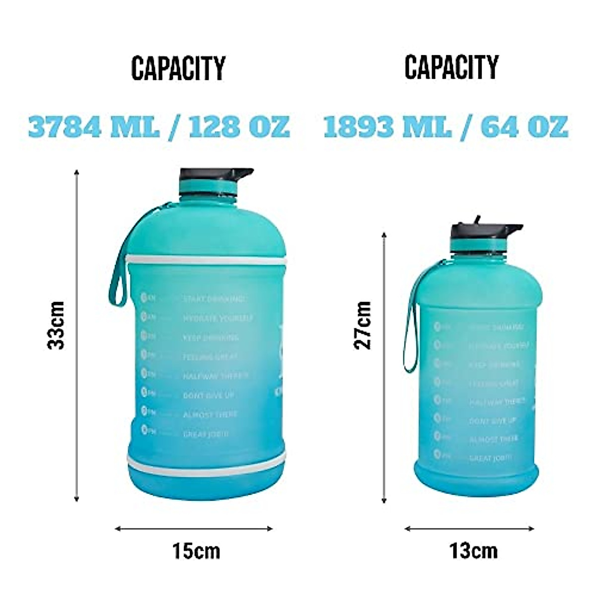 ez-FiT 1 Gallon & Half Gallon Bottles with Straw Time Marker & Motivational Water Bottle with Cleaning Brush Leakproof Reusable Gym Sports Outdoor (1 Gallon/128oz, Aquamarine/Deep SkyBlue Gradient)