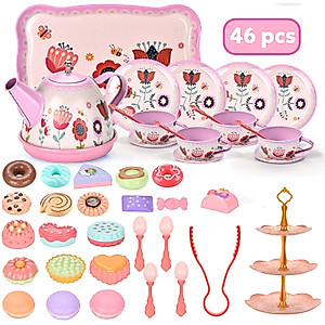 Lajeje Tea Set for Little Girls, Birthday Gift for Age 3 4 5 6 Year Old, Toddler Toys Tea Party Set for Little Girls, Princess Kids Kitchen Pretend Toy with Tin Tea Set, Desserts & Carrying Case