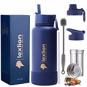 lexlion Water Bottle 32 Oz, Triple Walled Insulated Stainless Steel Reusable, Wide Mouth, Fruit Diffuser-Thermal Leaf Infuser , Silicone Sleeve&Cleaning Brush, 3 Lids Leak Proof, Metal Mug gallon