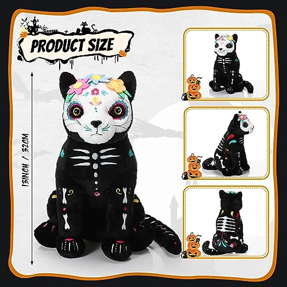 Hiboom Skeleton Black Cat Stuffed Animal 13 Inch Soft Plush Black Kitten Stuffed Animal Nightmare Catnap Plush for Halloween Day of The Dead Decor Gift Birthday Party Favors(Classic Style)