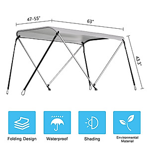 DoCred Foldable Bimini Top Boat Cover Canopy Cover 2Bow Bimini Top(63" L 39‘’-55‘’ W 43.3" H) Suitable for Boats of 3.2-4.5 FT