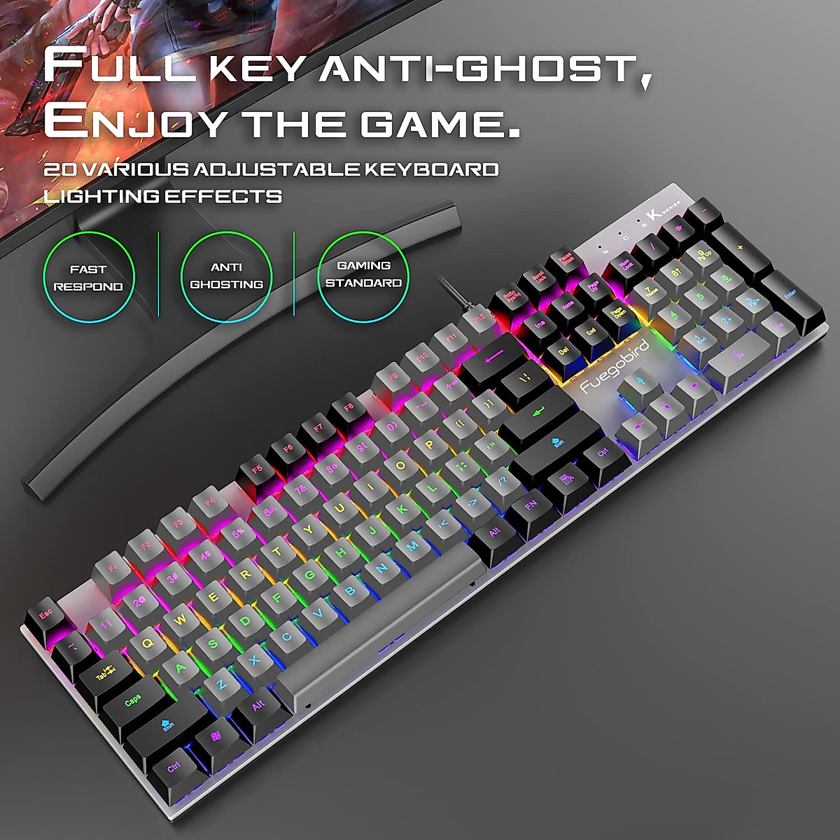 Fuegobird Mechanical Gaming Keyboard, RGB LED Backlit, Wired Keyboard with Linear Red Switch, 104 Full Keys Anti-ghosting, Double-Shot Keycaps
