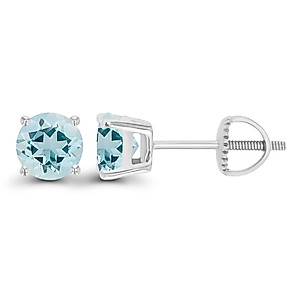 925 Sterling Silver 5mm Round Natural Aquamarine March Birthstone Screwback Stud Earrings