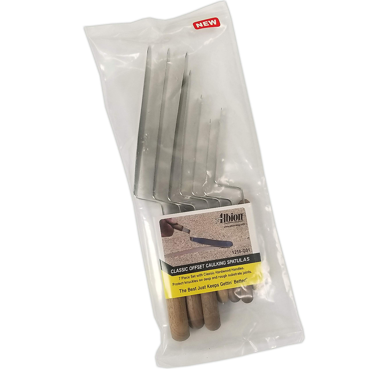 Albion Engineering 1258-G01 7-Piece Classic Offset Caulk Tooling Spatula Set, Stainless Steel with Hardwood Handle