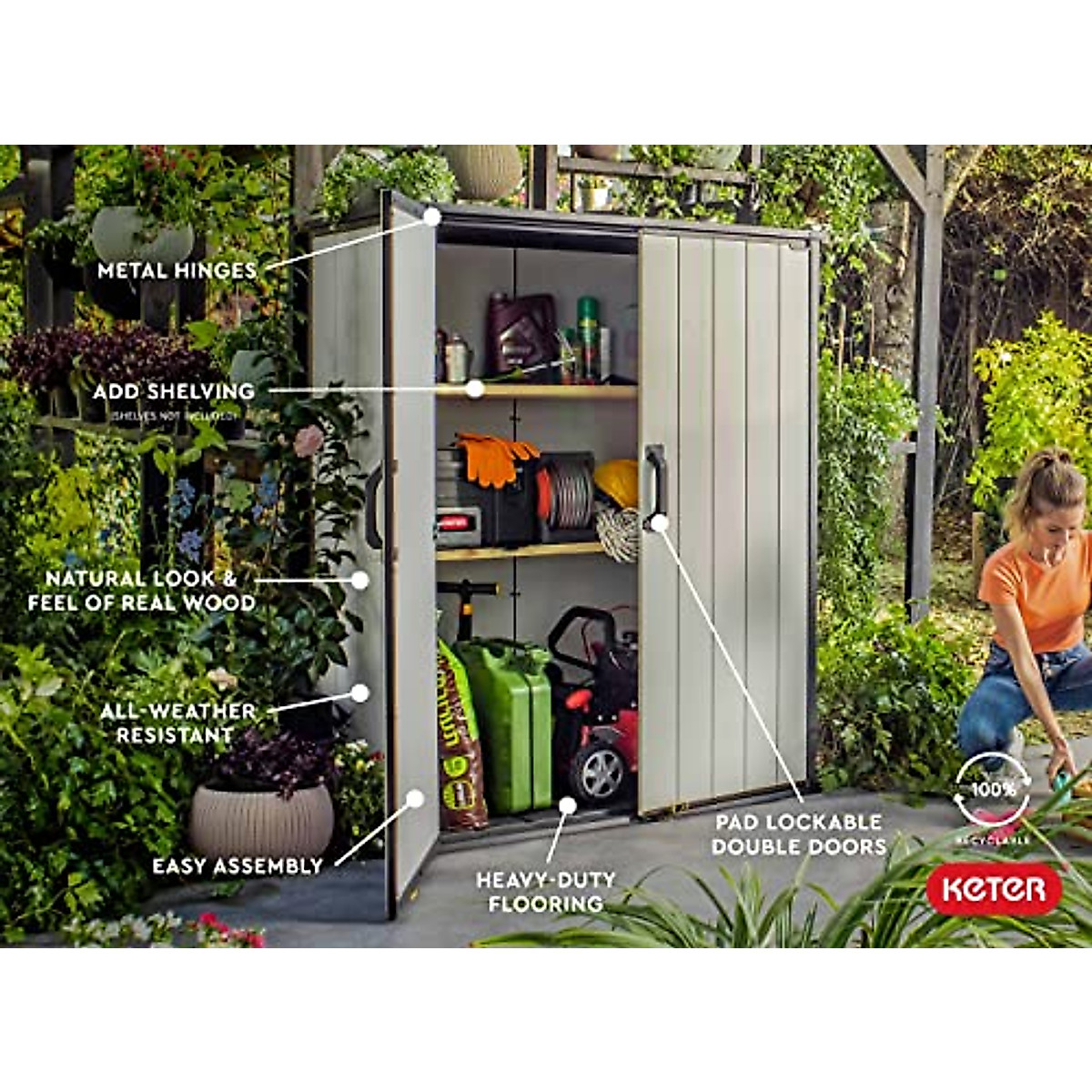 Keter Premier Tall Resin Outdoor Storage Shed for Patio Furniture, Pool Accessories, and Bikes