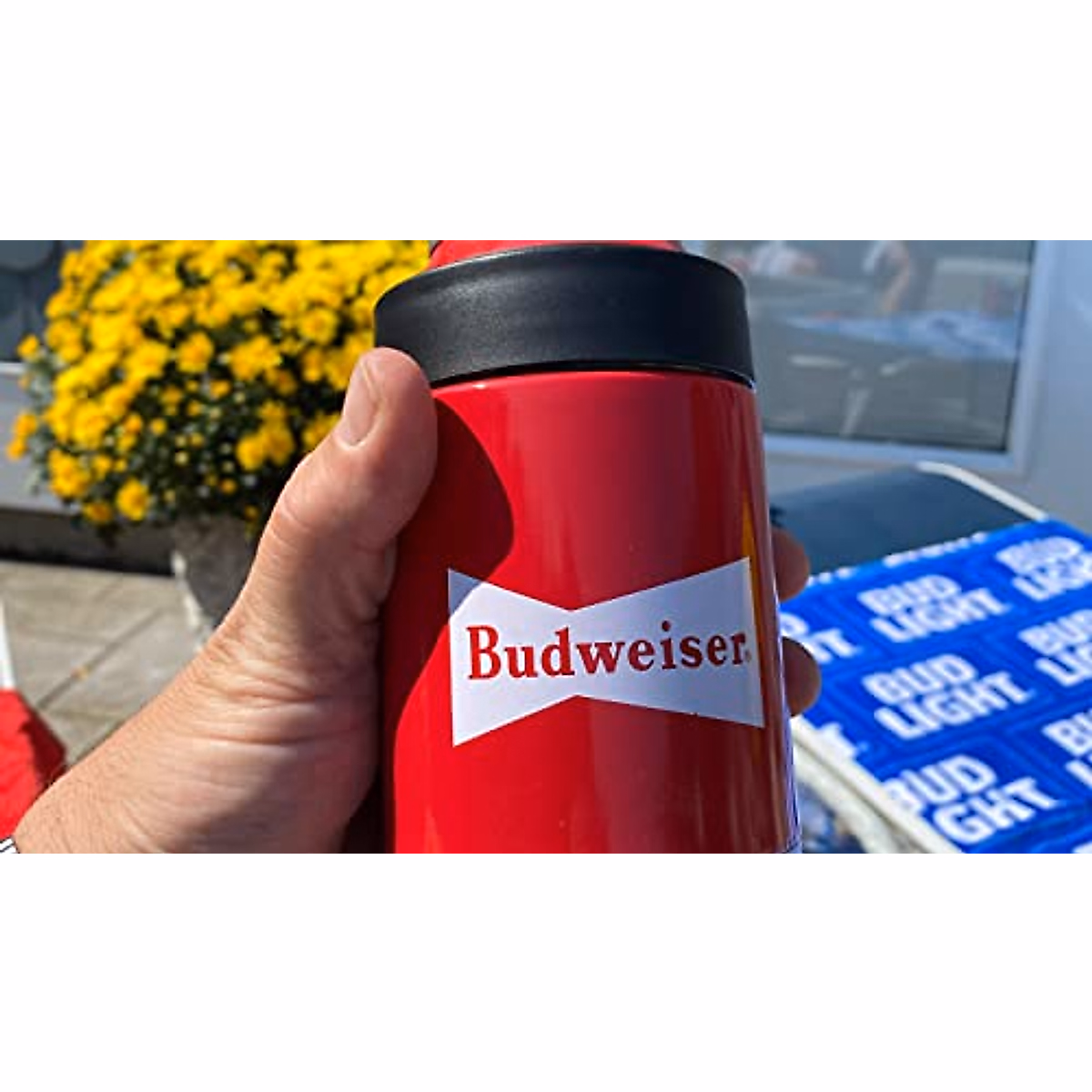 Budweiser Stainless Steel Can Insulator, Insulated Beverage Holder for Standard Size Can and Bottle, Can Cooler for Beer and Soda