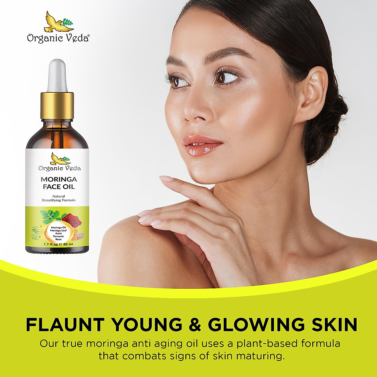 Organic Veda Moringa Face Oil with Dropper - 100% Natural Moringa Seed Oil with Turmeric & Rose Extract for Soft & Radiant Skin - Anti-aging, Reduce Wrinkles, Minimize Age Spots - 50ml (1.7 fl.oz)