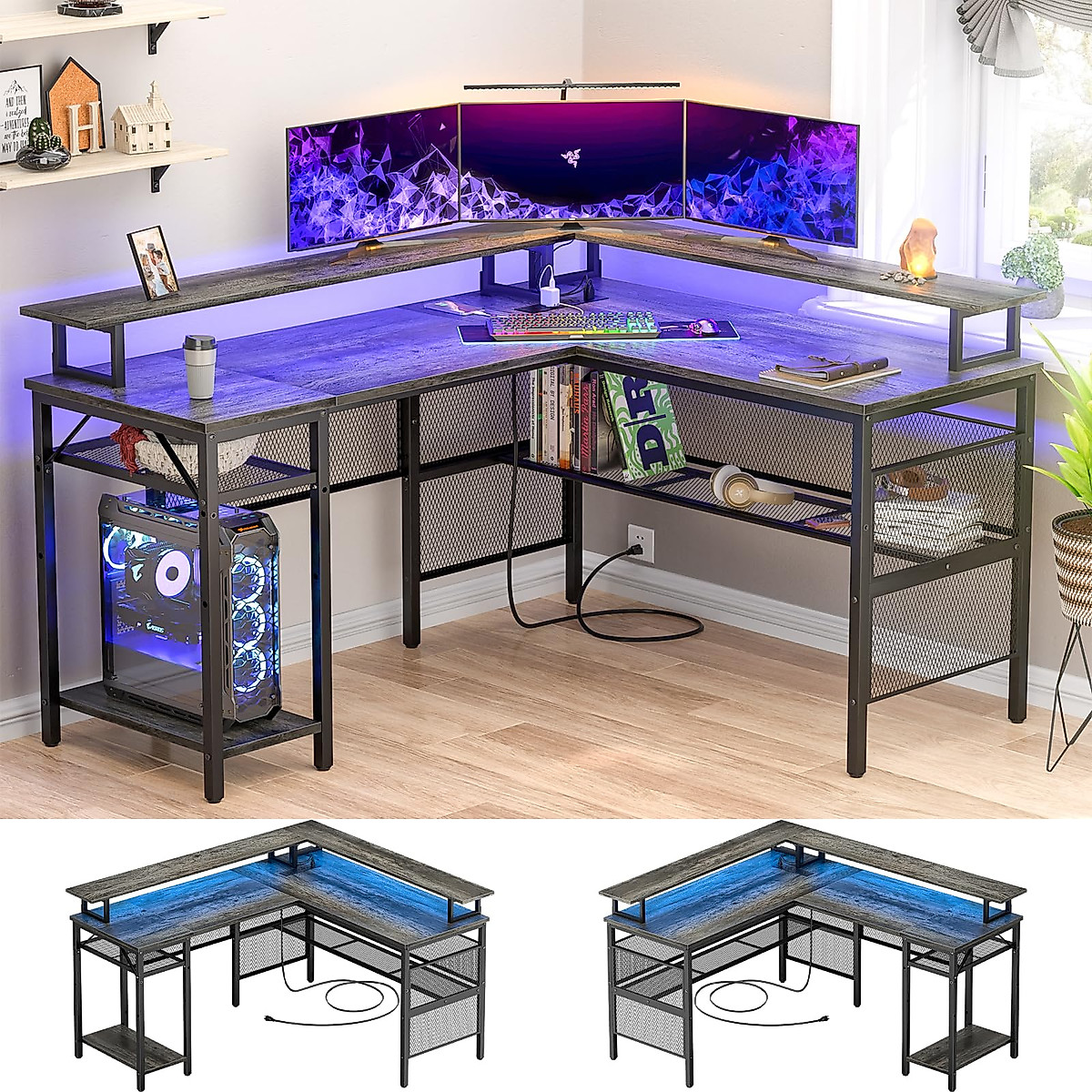 Unikito Cool L Shaped Computer Desk, Reversible Corner Office Desk with Smart Strip Light and Magic Power Outlets, Sturdy Ergonomic Gaming Table with Monitor Stand and Storage Shelf, Grid Design, Gray