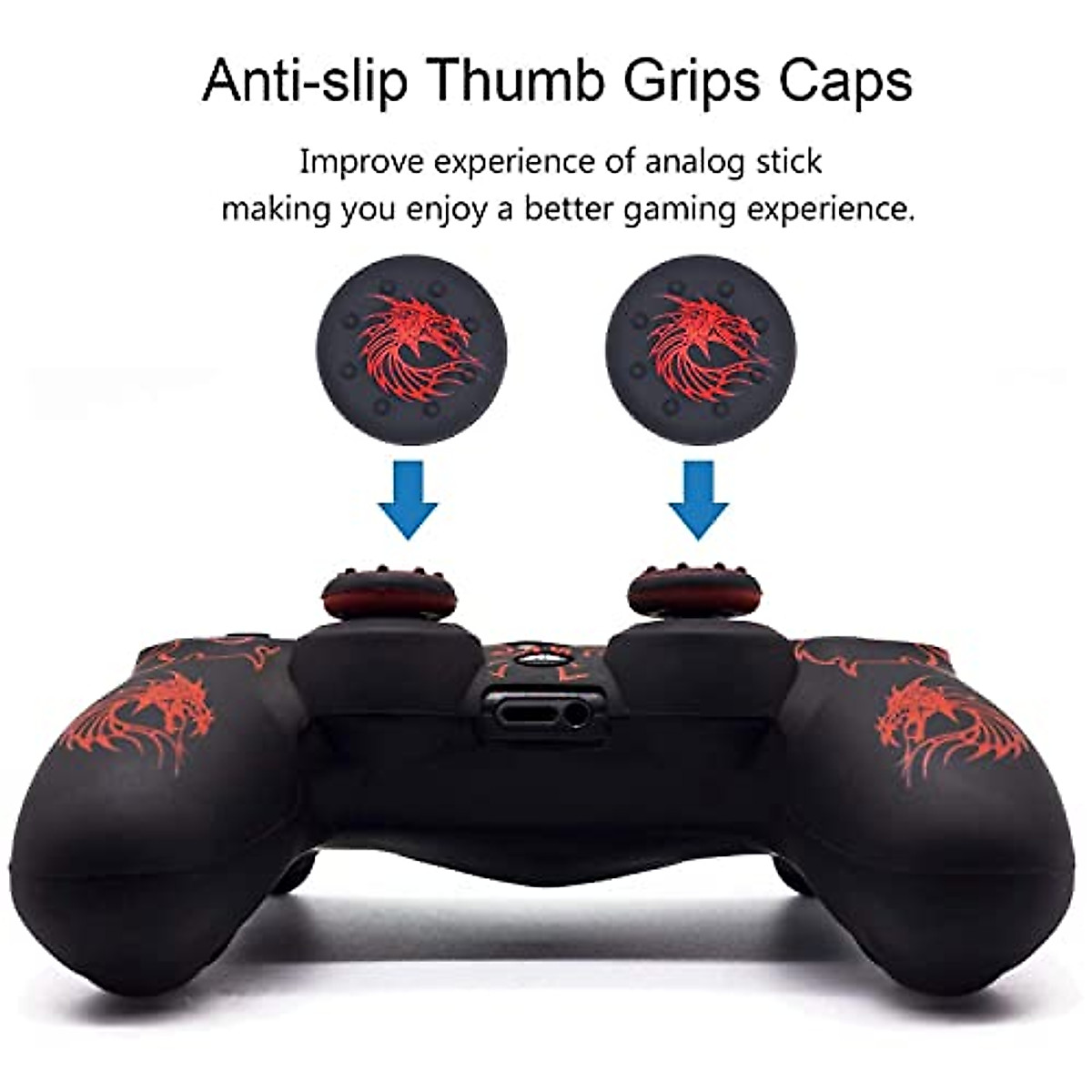 Skin for PS4 Controller, BRHE Anti-Slip Grip Silicone Cover Protector Case Compatible with PS4 Slim/PS4 Pro Wireless/Wired Gamepad Controller with 2 Dragon Carving Thumb Grip Caps