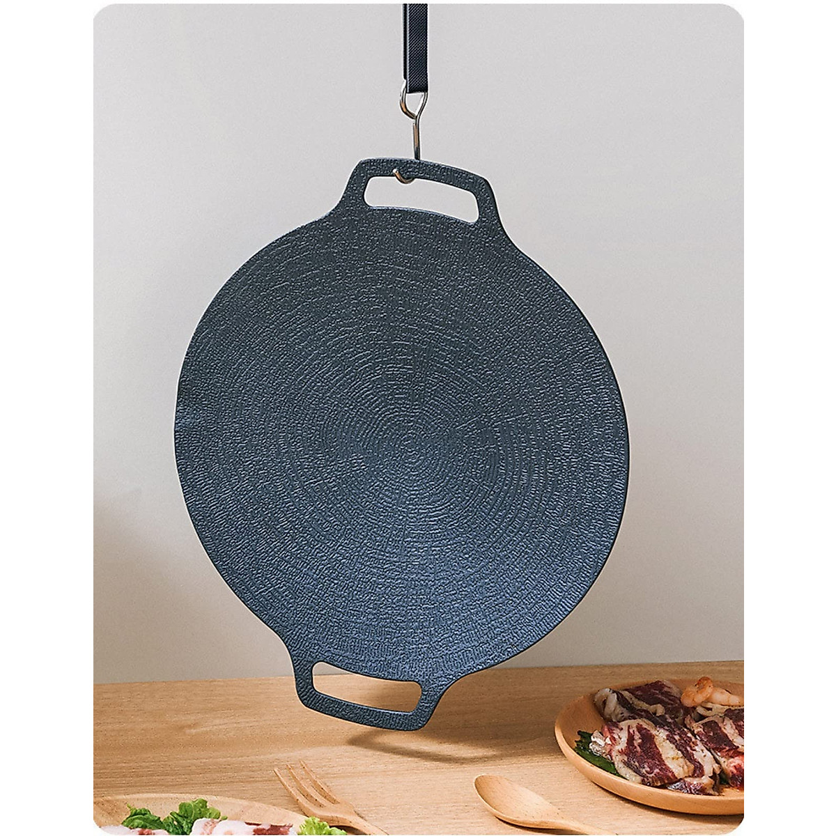 Korean BBQ Grill Pan Non-stick Marble Camping Round Griddle,Korean Non-stick Round Baking Pan,Korean BBQ Grill Pan, Round Barbecue Griddle Pan with Handle for Baking,Grill,BBQ