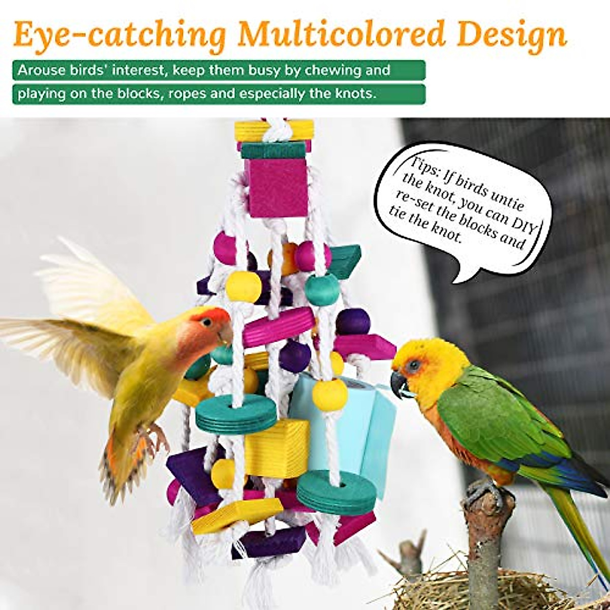 Pawaboo Pet Bird Chewing Toys, Parrot Cage Bite Toys, Bird Tearing Entertaining Toys, Multicolored Wooden Block Tearing Toys for Small and Medium Parrots and Pet Birds, Colorful