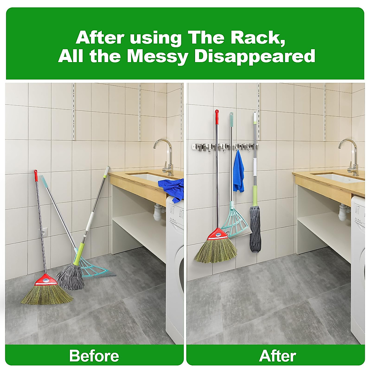 voze 5 Racks and 4 Hooks Mop and Broom Holder Wall Mount, Self Adhesive Heavy Duty Broom Hanger Organizer Storage Tool Racks for Kitchen Garden Laundry Garage