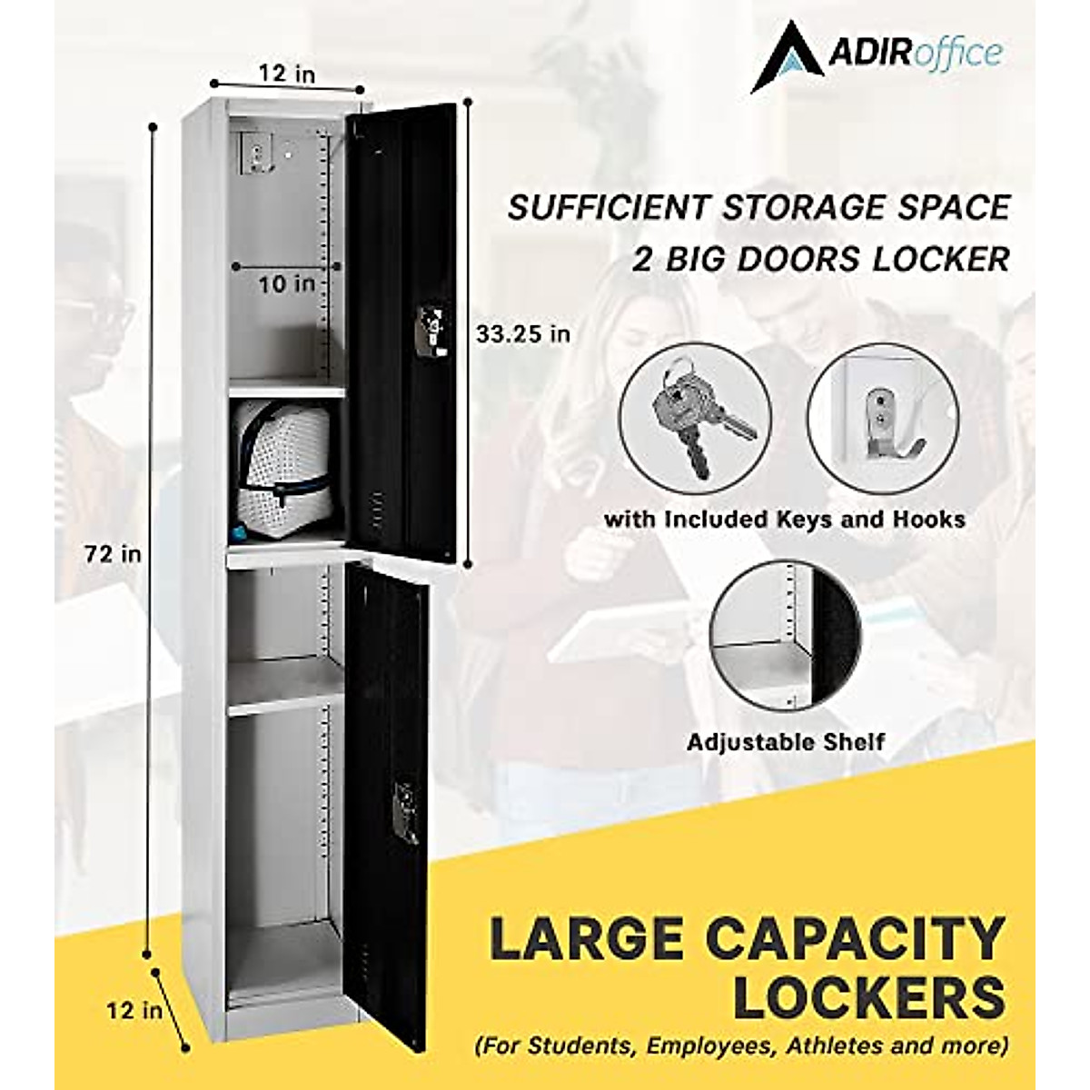 AdirOffice Large School Locker with 2 Doors 2 Hooks Storage Locker for Garage Storage - Office Storage Lockers (2 Door, Black)