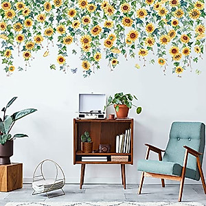 Sunflower Wall Sticker Flower Vines Hanging Wall Decal Green Leaves Floral Wall Art for Bedroom Bathoom Kids Wall Decor